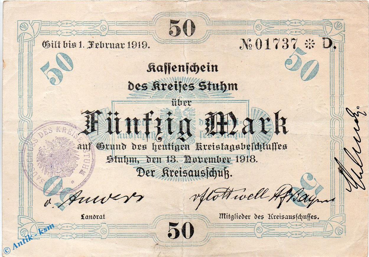 Großnotgeld Deutschland 13.11.1918 Kreis Stuhm, 50 Mark Schein in gbr ...