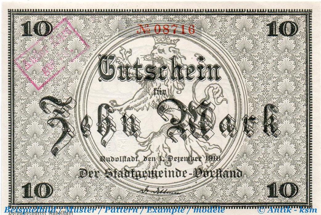 10 Mk. 1918 Banknote der Stadt Rudolstadt, 10 Mark Schein in kfr. E ...