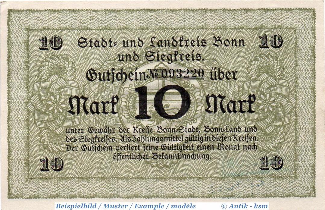 Großnotgeld De. 10 Mk. o.D. Stadt und Landkreis Bonn Siegkreis, 10 Mark ...
