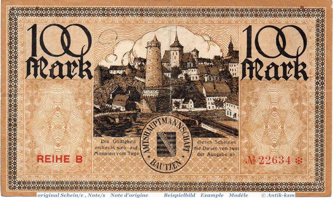 Inflation Deutschland 1922 Banknote Bezirksverband Bautzen, 100 Mark ...