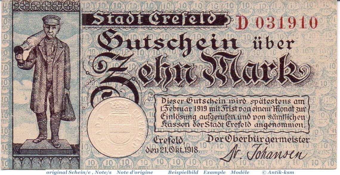 Großnotgeld De 10 Mk. Banknote der Stadt Crefeld, 10 Mark Schein in kfr ...