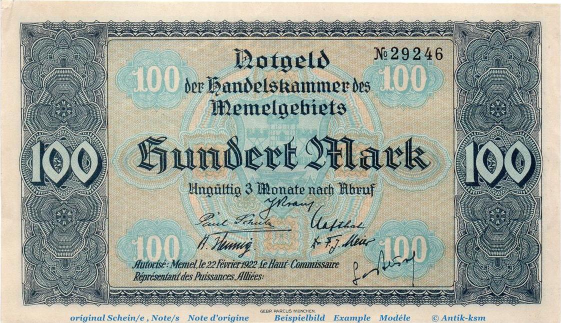 Memelgebiet 1922 100 Mk. Memel, Notgeld 100 Mark Schein in kfr. MEM-9 ...