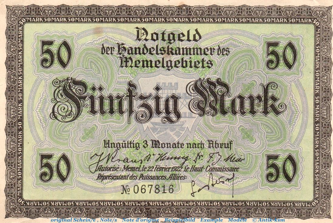 deutsche Nebengebiete 1922 Banknote, 50 Mark Schein in f-kfr. Memel ...