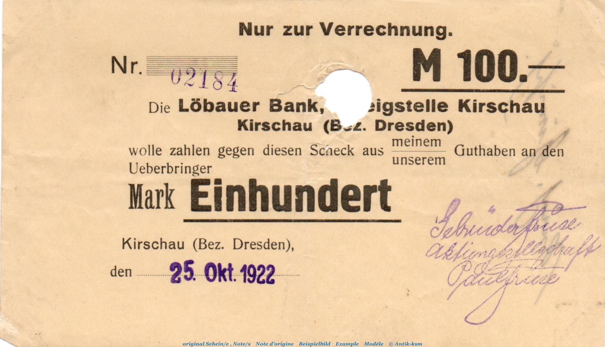 Großnotgeld Deutschland Banknote Gbr. Friese Kirschau, 100 Mark Scheck ...