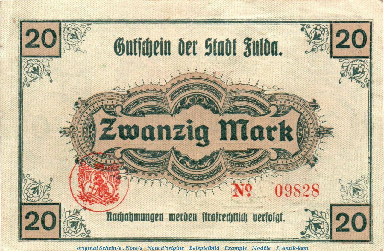 20 Mk. Banknote der Stadt Fulda, 20 Mark Schein in kfr. Geiger 166.03 ...