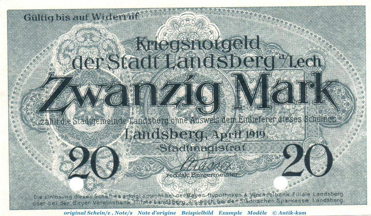 Großnotgeld 1918 DE 20 Mk. Banknote der Stadt Landsberg, 20 Mark Schein ...