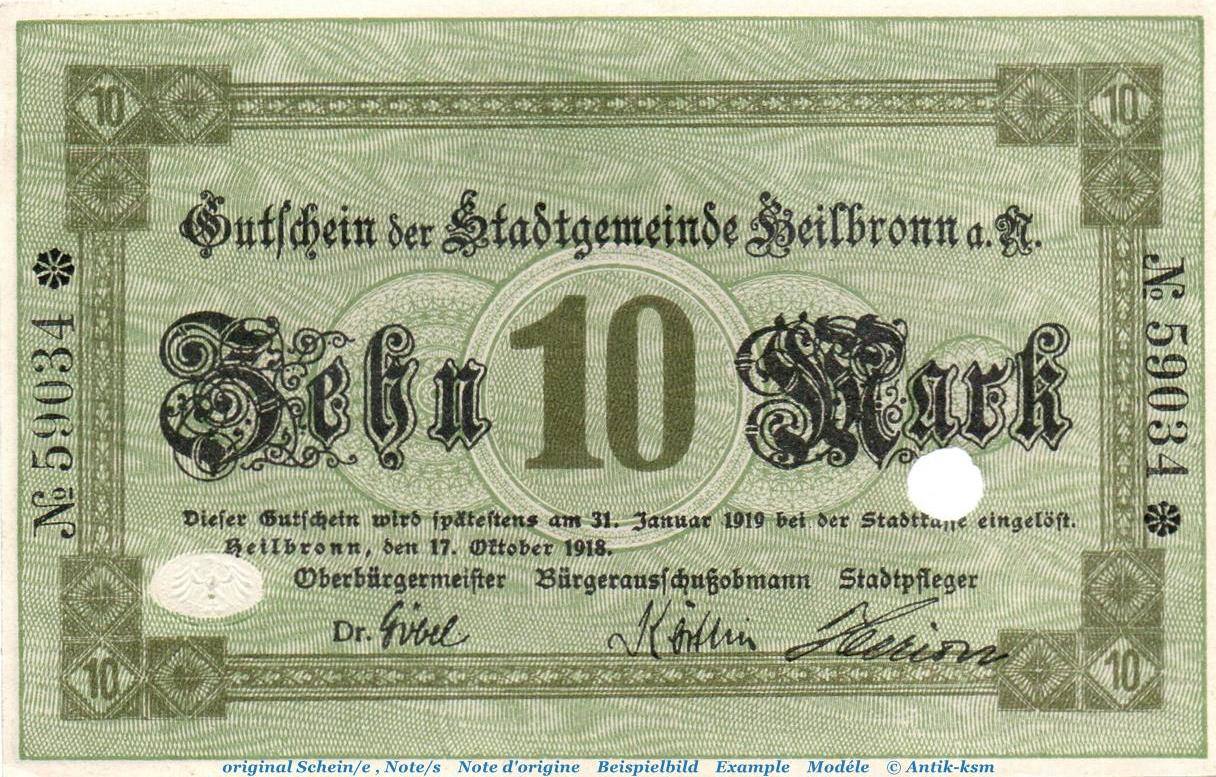 Großnotgeld De. 10 Mk. Heilbronn, Banknote 10 Mark Schein in kfr.E ...