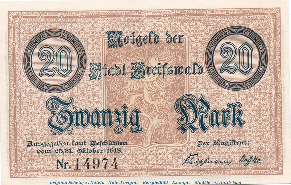 20 Mk. Banknote der Stadt Greifswald, 20 Mark Schein in kfr.E, Geiger ...