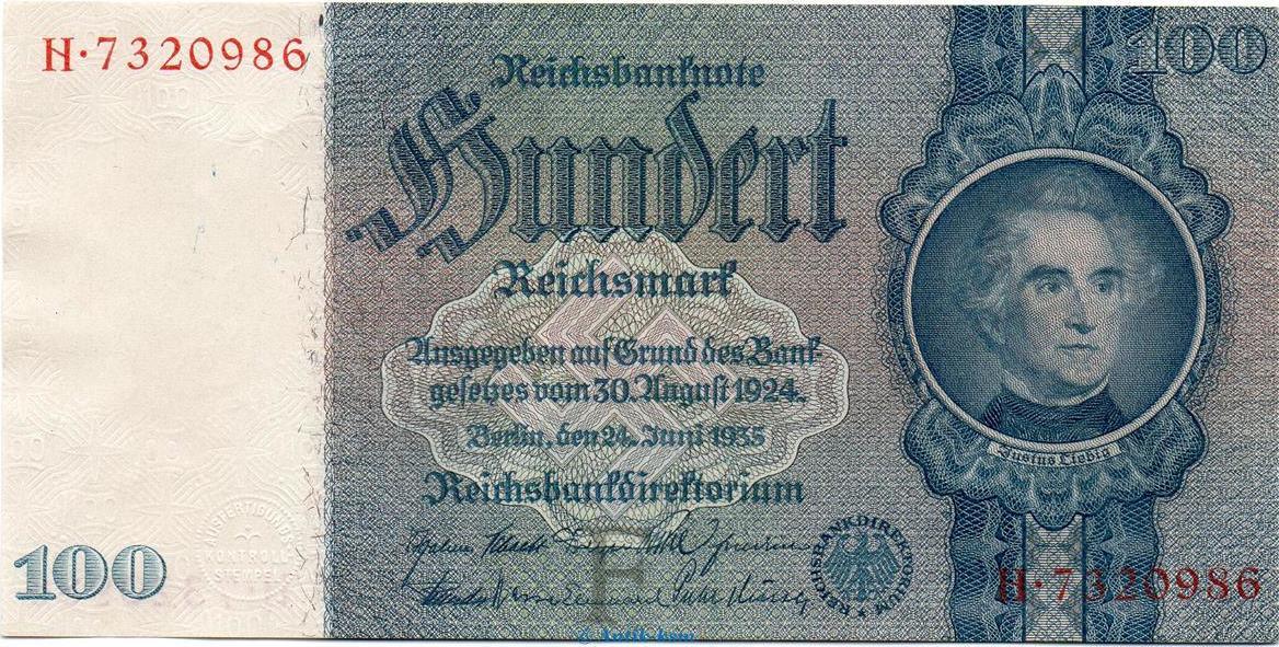 Drittes Reich 100 Mark Schein, F-H Reichsbanknote, 100 Mark Schein F-H ...