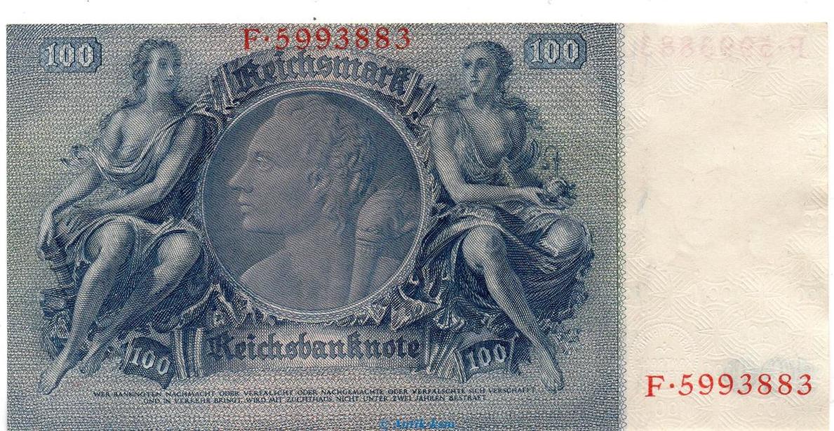 Drittes Reich 100 Mark Schein, V/F Reichsbanknote, 100 Mark Schein V/F ...