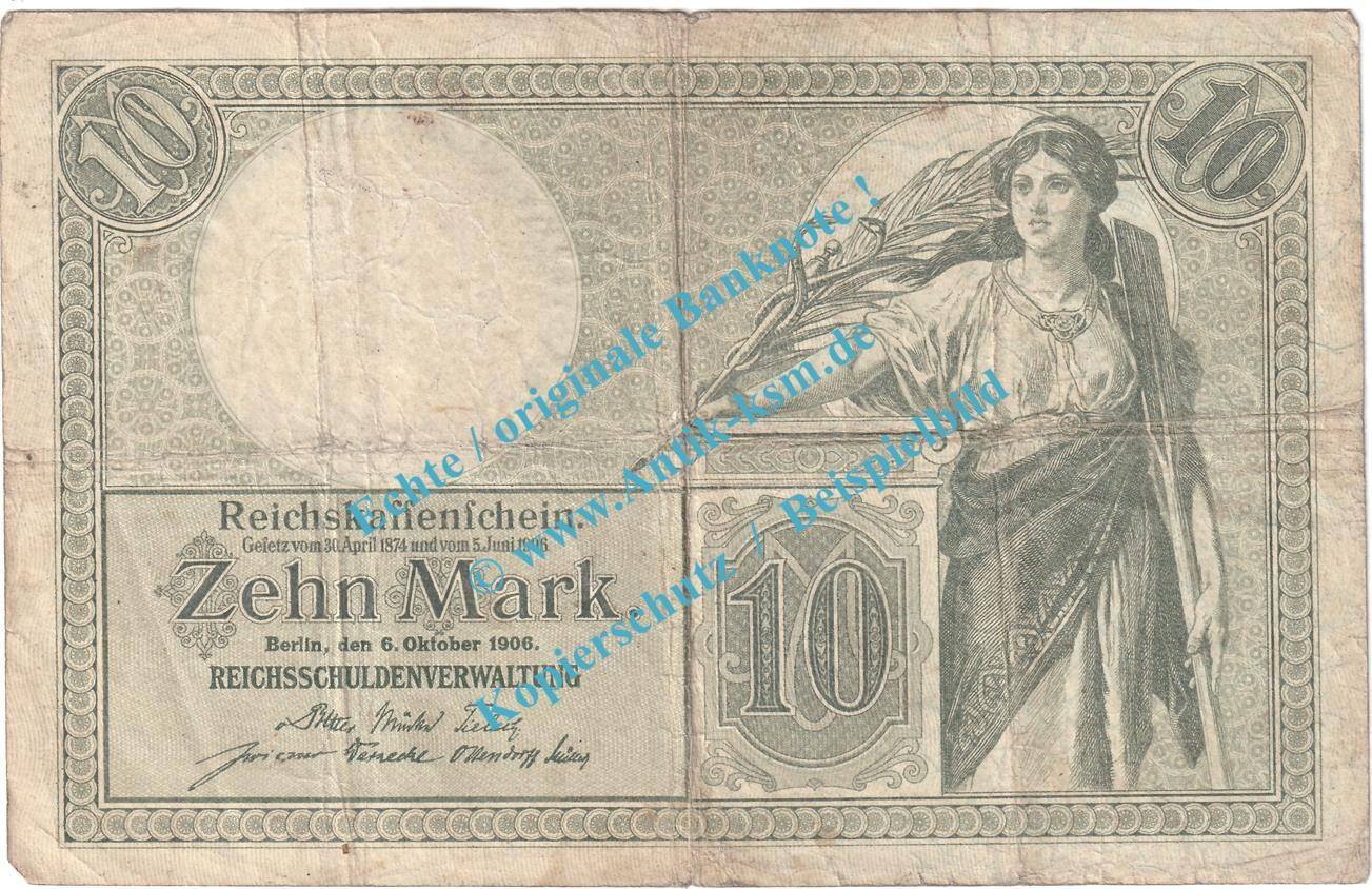 Kaiserreich DE 10 Mk. Banknote, 10 Mark Schein in gbr. DEU-53.b, P.64 ...