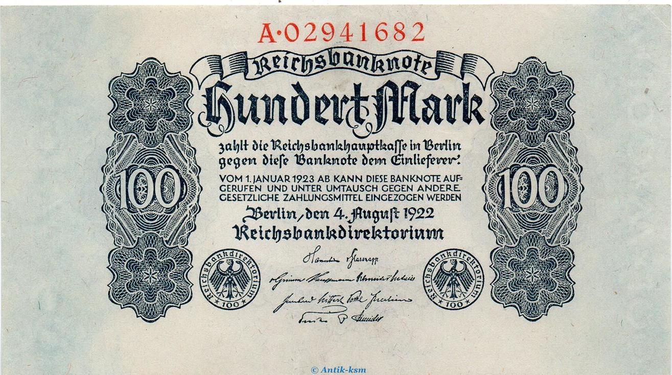 100 Mk. Reichsbanknote, 100 Mark Schein, DEU-83, Ros.72, P.75, vom 04. ...