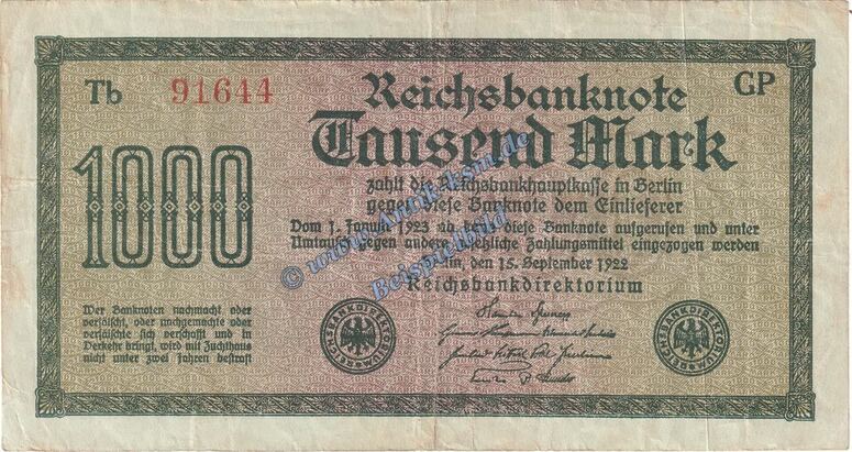 Weimarer Republik - Inflation 1000 Mk. -KN 5 St- Banknote, 1.000 Mark ...