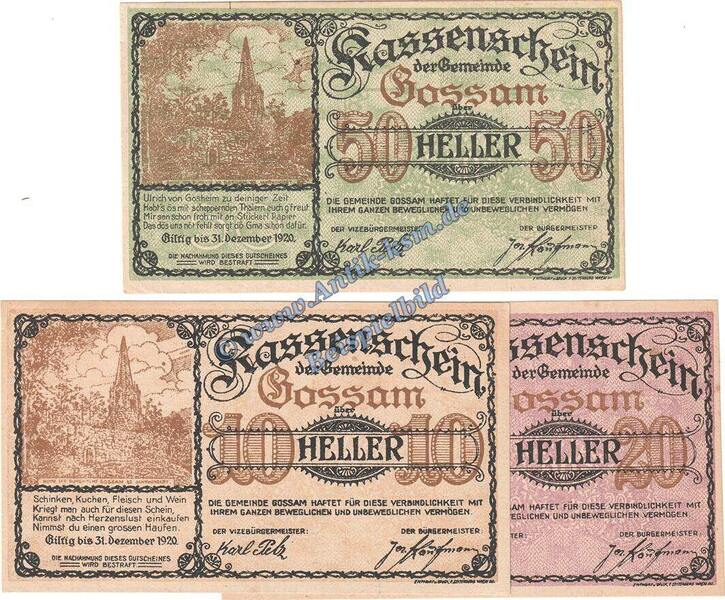 Notgeld AT 3 Scheine kpl. Gossam, Notgeld Set mit 3 Scheinen in kfr. K ...