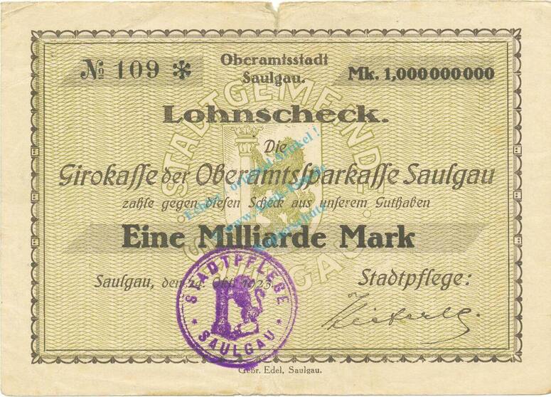 Inflation 1923 DE 1 Mia. Mk. Saulgau, Banknote 1 Milliarde Mark Scheck ...