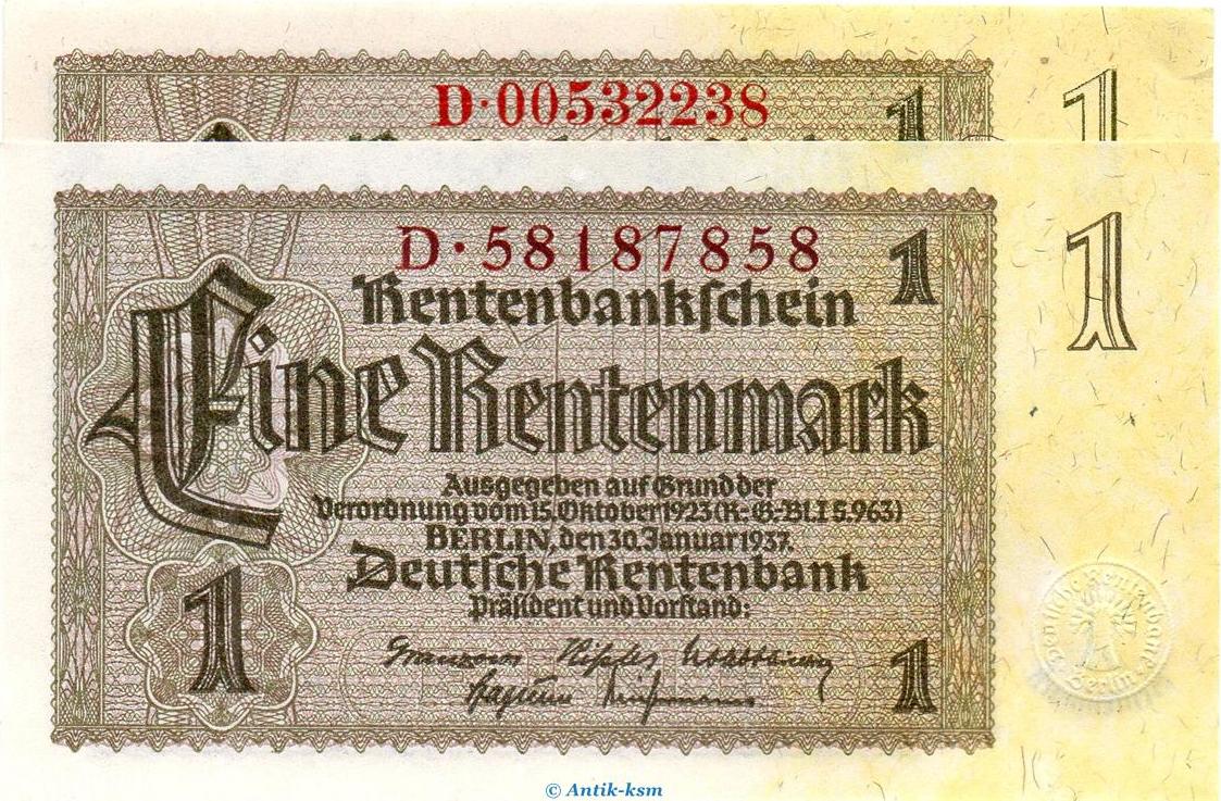 Drittes Reich - Rentenbank 1 Rentenmark, KN braun 1937 Reichsbanknote ...