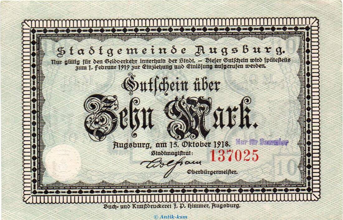 10 Mk. Notgeld der Stadt Augsburg, 10 Mark Schein in kfr. Geiger 025.06 ...