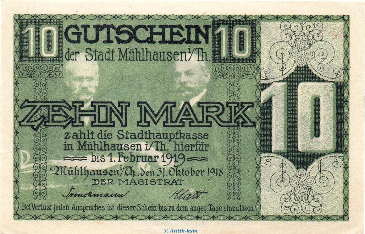 Großnotgeld Deutschland Banknote Stadt Mühlhausen, 10 Mark Schein in ...