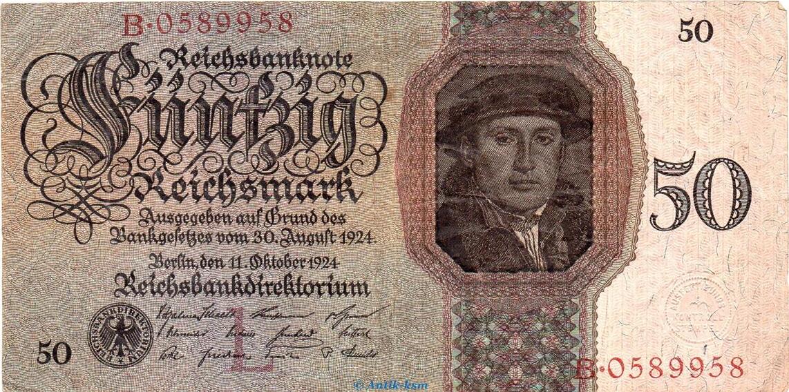 deutsche Reichsbank 50 Mark L/ a-v Reichsbanknote, 50 Mark Schein -L ...