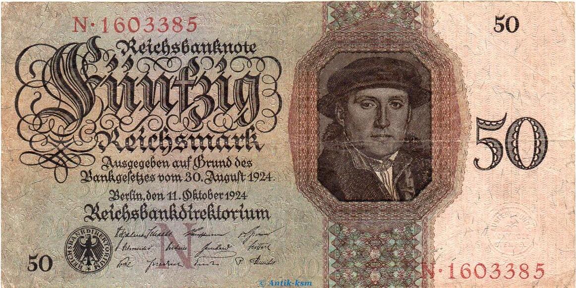 deutsche Reichsbank 50 Mark N/ a-v Reichsbanknote, 50 Mark Schein -N ...