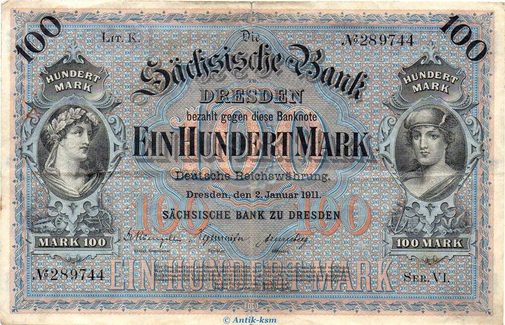 Sachsen 100 Mk. Reichsbanknote, 100 Mark Schein in gbr. SAX-8.a, Ros ...