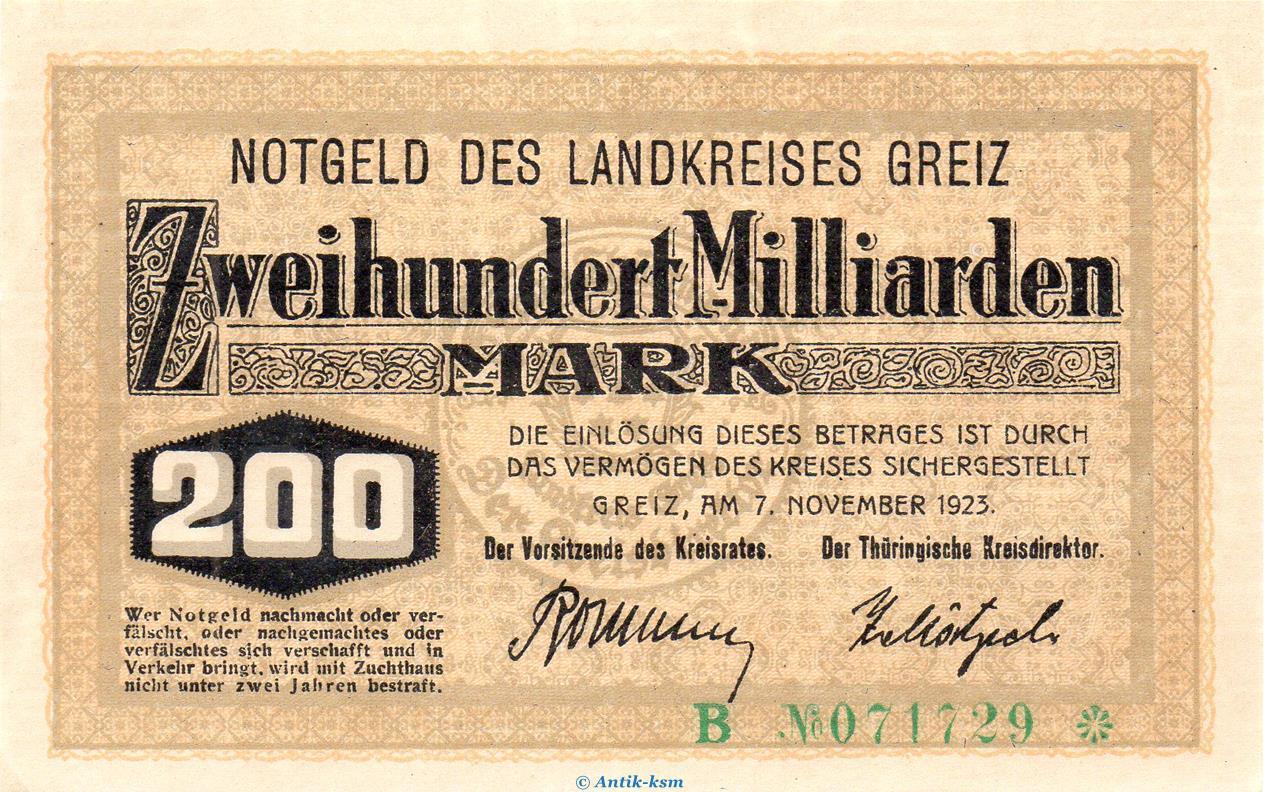 Großnotgeld Inflation 1923 Banknote Landkreis Greiz, 200 Milliarden ...