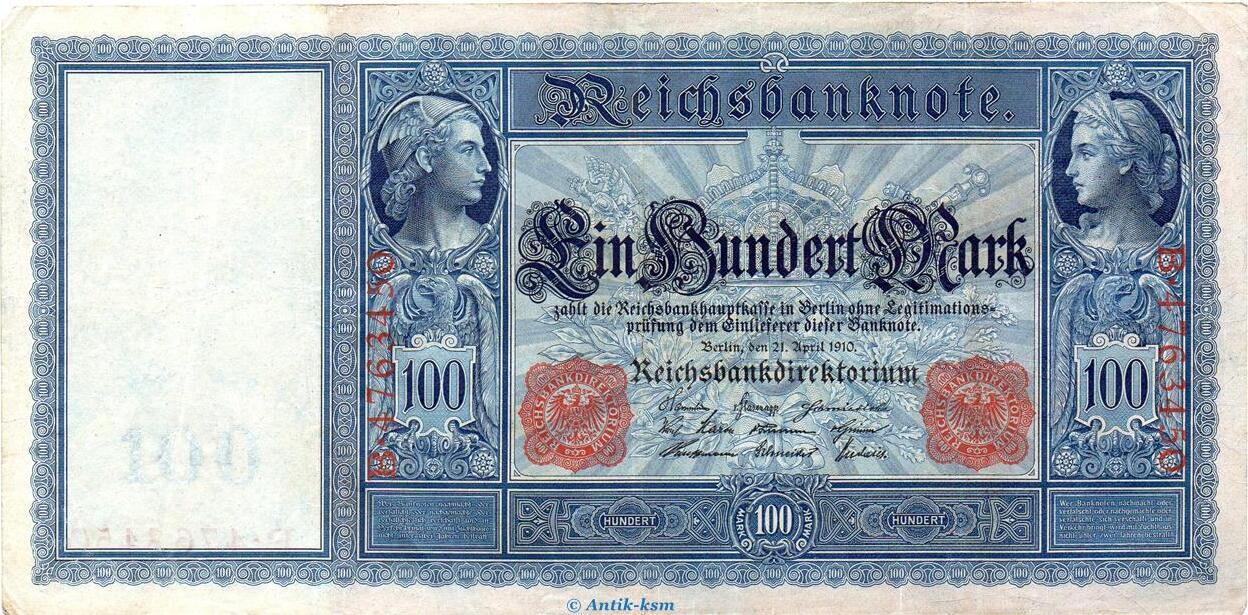 Deutsches Kaiserreich 100 Mark Schein 1910 weiß Reichsbanknote, 100 ...