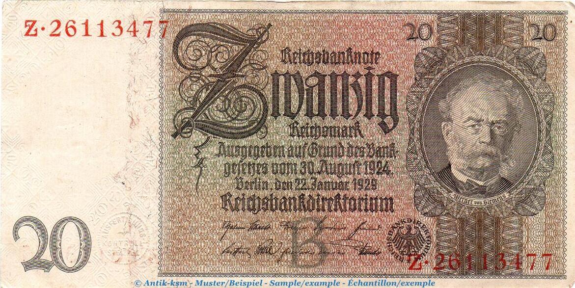 20 Mk -B 2- Reichsbanknote, 20 Mark Schein -B 2- in gbr. DEU-184.a, Ros ...
