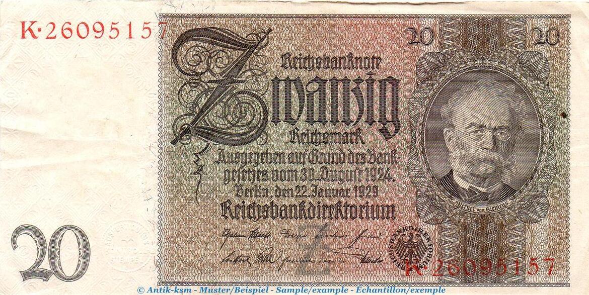 Weimarer Republik - Reichsbank 20 Mark Schein Z, F bis P 1929 ...