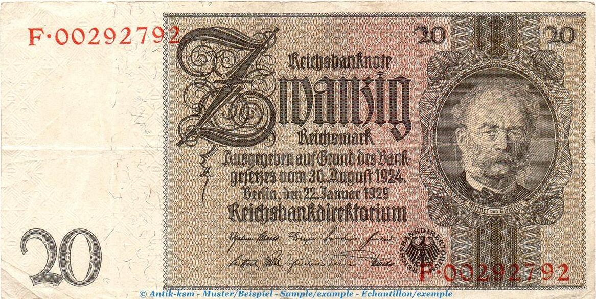 20 Mk. 1929 Reichsbanknote, 20 Mark Schein -Kriegsdruck- in gbr. DEU ...