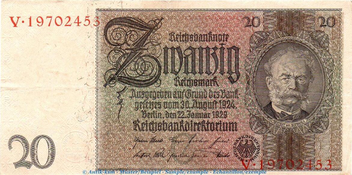 Weimarer Republik - Reichsbank 20 Mark Schein C, V bis Z 1929 ...