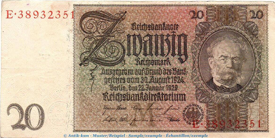 20 Mk. -M 1- Reichsbanknote, 20 Mark Schein -M 1- in gbr. DEU-184.a ...