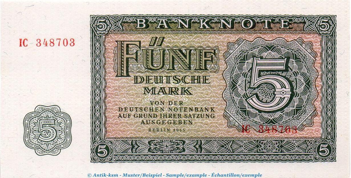 Deutsche Notenbank DDR Banknote, 5 Mark Schein in kfr. DDR-11, Ros.349 ...