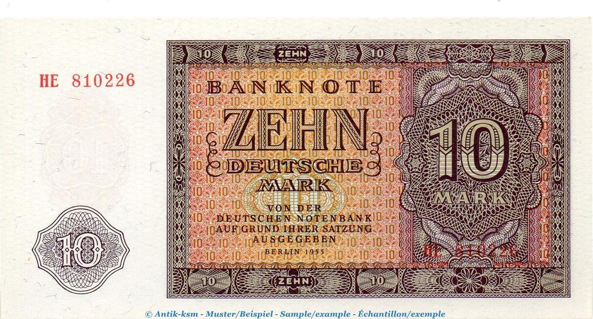 Deutsche Notenbank DDR Banknote, 10 Mark Schein in kfr. DDR-12, Ros.350 ...