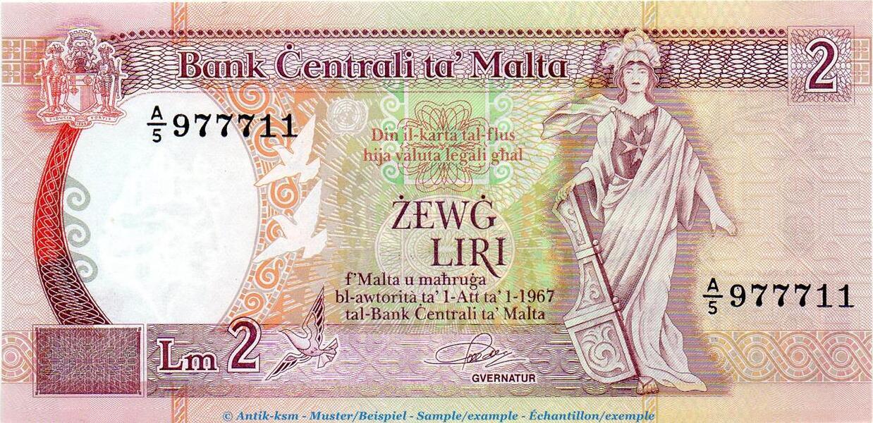 1967/1989 Banknote Malta, 2 Liri Schein in kfr. P.41 von 1967, Bank ...