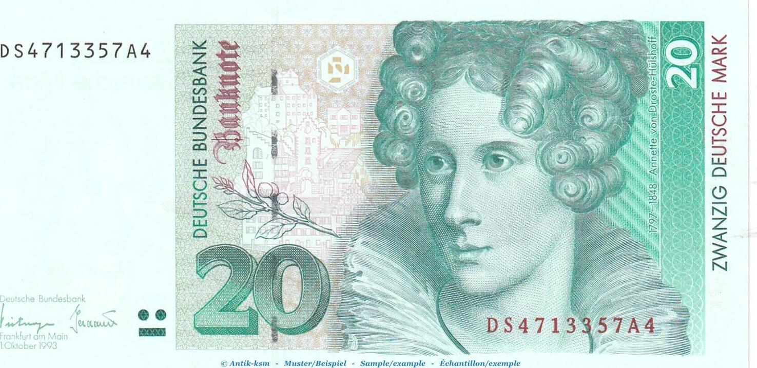 deutsche Bundesbank Banknote, 20 Mark Schein in kfr. BRD-48.a, Ros.304 ...