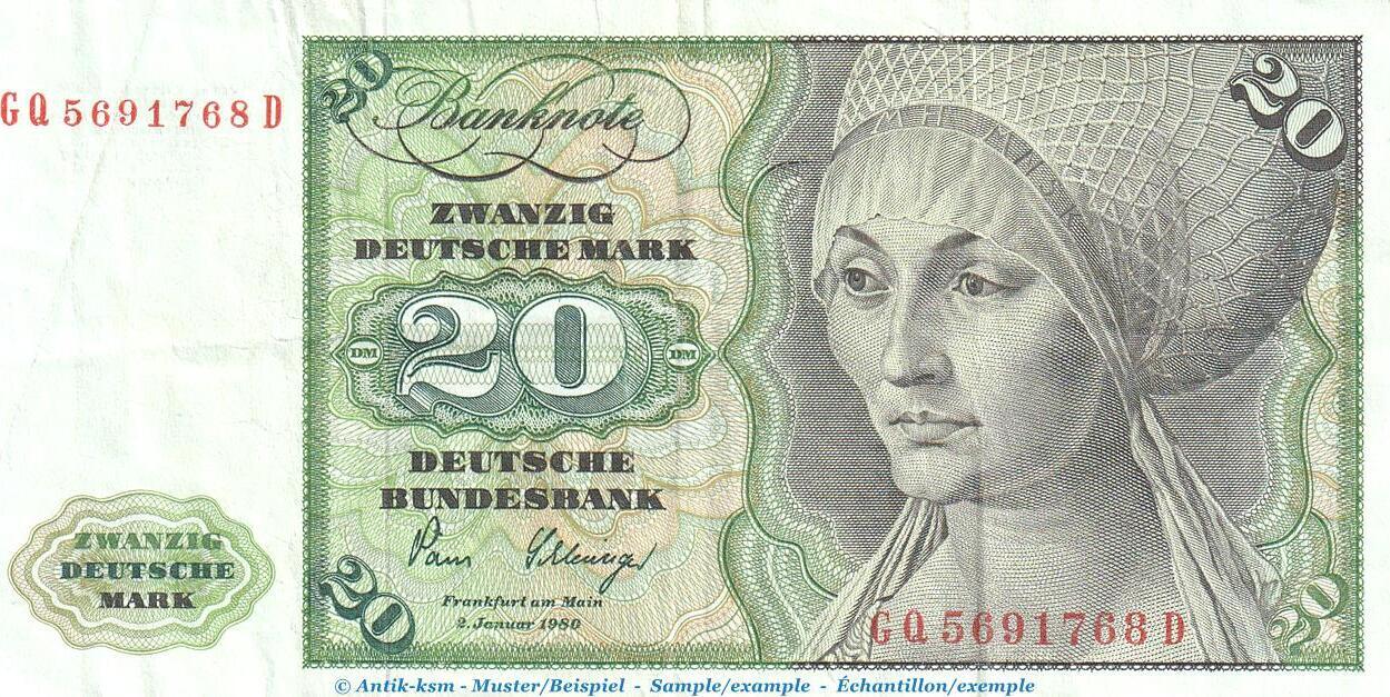 deutsche Bundesbank Banknote, 20 Mark Schein in gbr. BRD-31.a, Ros.287 ...