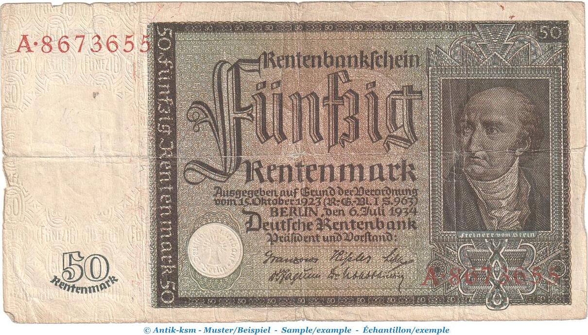 Drittes Reich - Rentenbank 50 Renten - Mark Schein Rentenbanknote, 50 ...