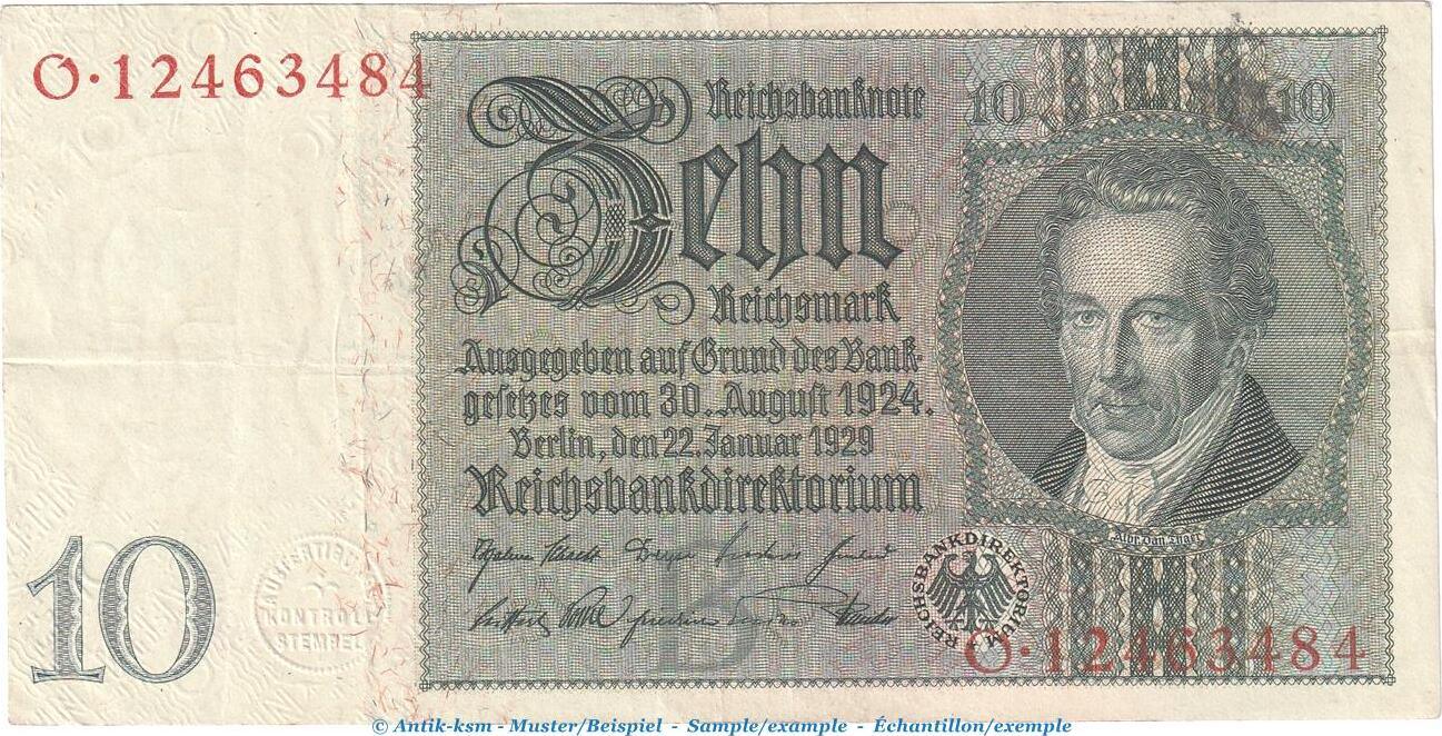 Weimarer Republik - Reichsbank 10 Reichsmark - B 3 - Reichsbanknote, 10 ...