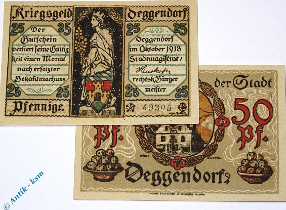 2 Scheine kpl. Notgeld Deggendorf, Set mit 2 Scheinen bräunlich, Tieste ...