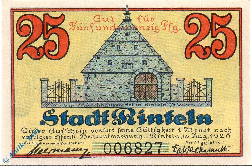 Notgeld DE 25 Pf. o. Sign. Notgeld Rinteln, 25 Pfennig Schein, ohne ...