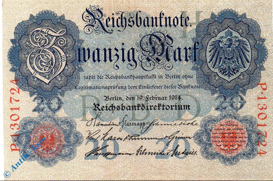 Banknoten Kaiserreich Reichsbanknote, 20 Mark Schein, Kn 7-stellig, DEU ...