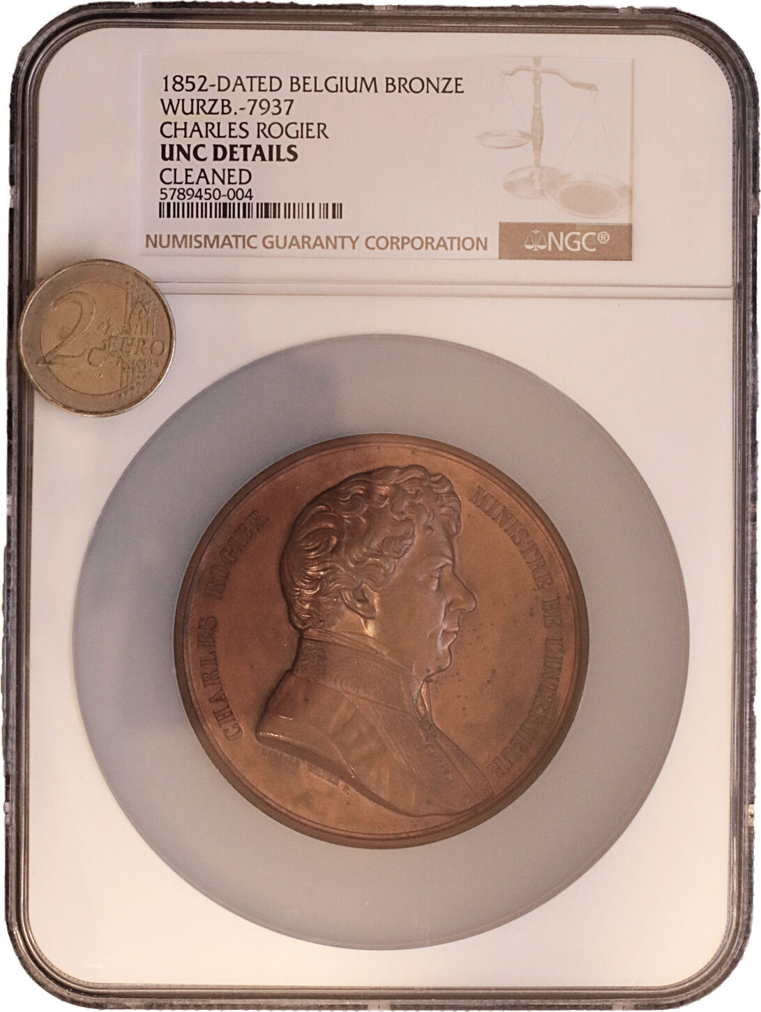 Belgium Kingdom Medal 1852 Charles Rogier Ministre de l'Interieur UNC ...