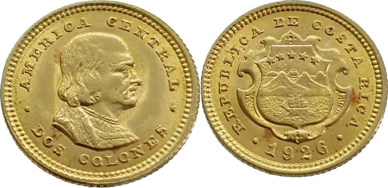 Costa Rica 2 Colones 1926 Christopher Columbus - Gold unz (unzirculated ...