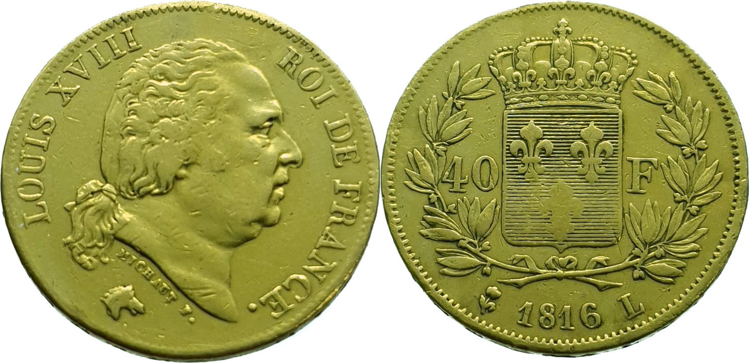 France 40 Francs 1816-L Bayonne - Louis XVIII - Gold Very s+ | MA-Shops