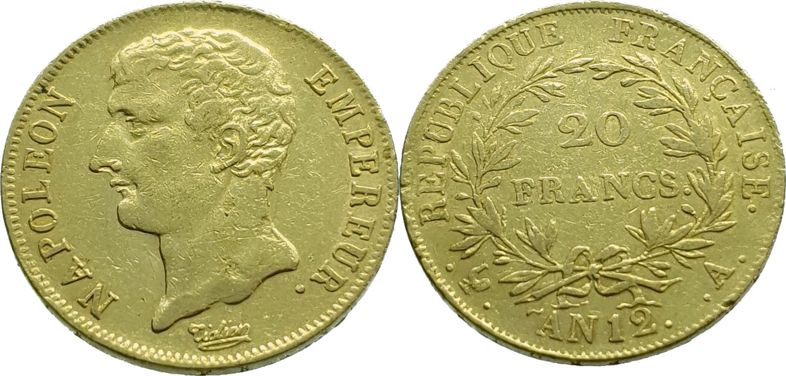 France 20 Francs AN12-A (1803) Napoleon Empereur - Gold Very s+ | MA-Shops