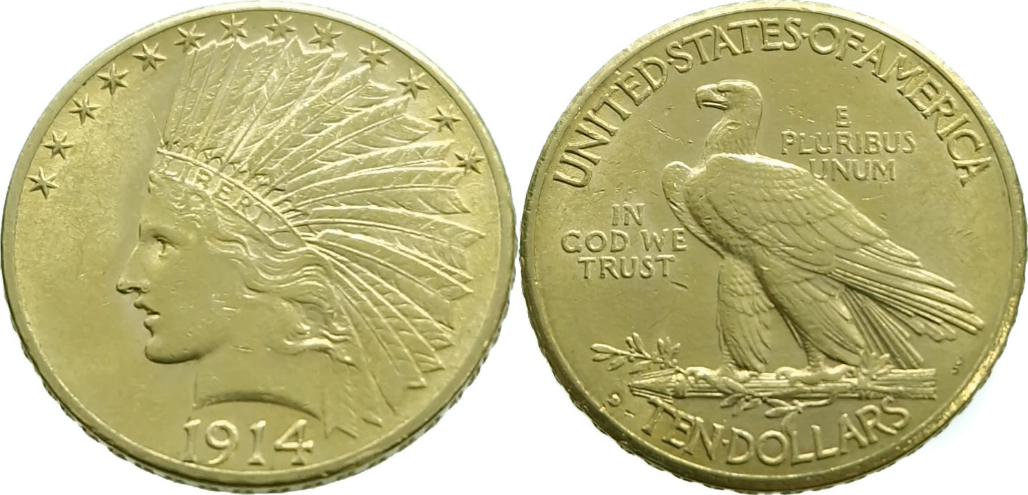 USA 10 Dollars 1914-D Indian Head - Gold Extremely s+ | MA-Shops