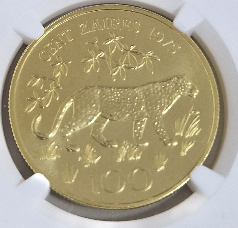 ZAIRE 100 Zaires 1975 Mobutu - Leopard - Gold - Rare NGC MS 68 | MA-Shops