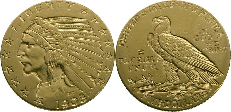 USA 5 Dollars 1908-D Indian Head - Gold vz | MA-Shops