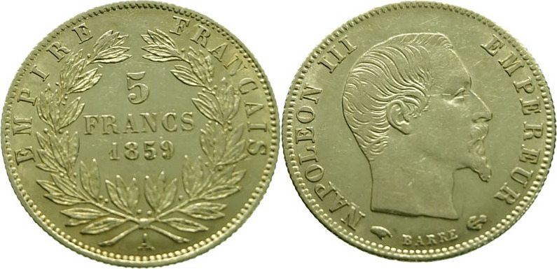 France 5 Francs 1859-A Napoleon III - Gold EF / FDC | MA-Shops